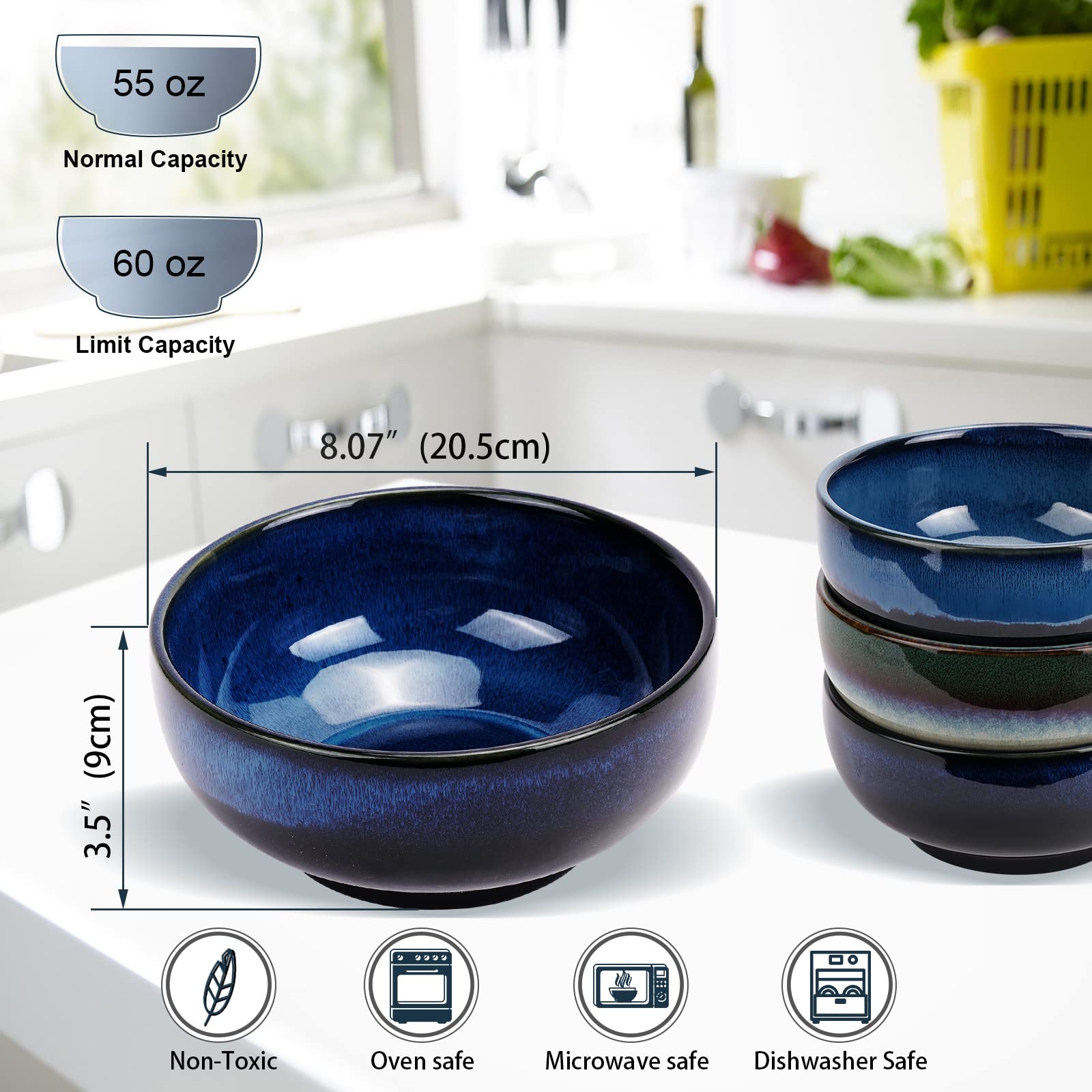GRABADO Handmade Large Salad Bowls, Ceramic Bowl 60oz for Eating, Porcelain Serving Bowl Glazed, Popcorn Bowl 8",Decorative Bowl for Salad, Ramen, Soup and Fruit,Dishwasher & Microwave Safe(Sky Blue)