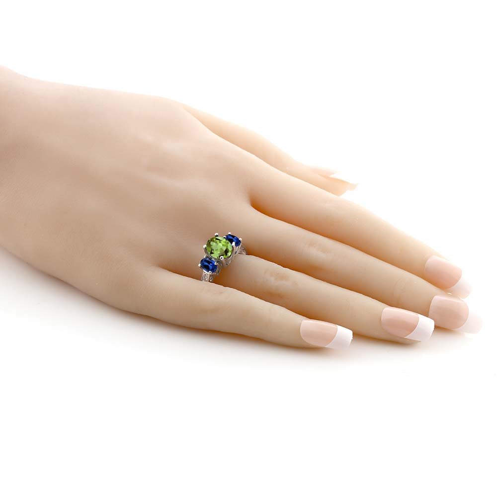 Gem Stone King 925 Sterling Silver Green Peridot and Blue Created Sapphire 3 Stone Ring For Women (2.71 Cttw, Gemstone Birthstone, Available In Size 5, 6, 7, 8, 9)