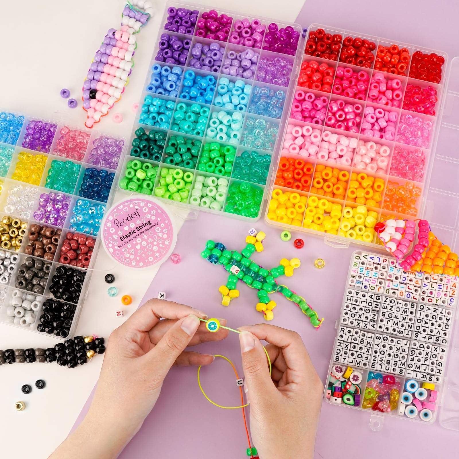 Paodey 2400pcs Pony Beads 72 Colors 9mm Friendship Bracelets Making Kit, Rainbow Kandi Beads Bulk Letter Beads for Name Bracelets Jewelry Making Crafts with Elastic String