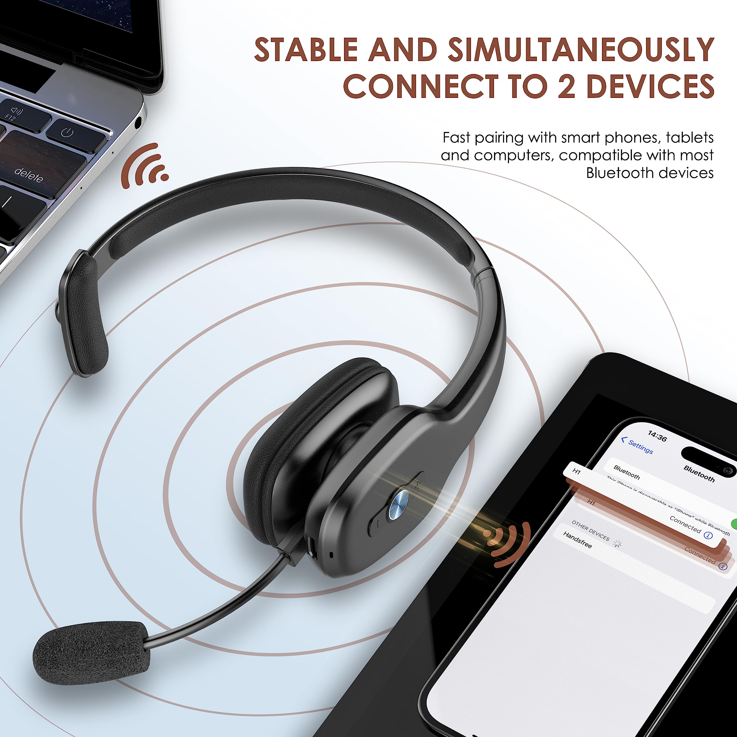 Gixxted Bluetooth Headset, Trucker Bluetooth Headset with Microphone, 60 Hours Working Time Wireless on-Ear Headset for Computer Cell Phone Trucker Home Office Work (Black)