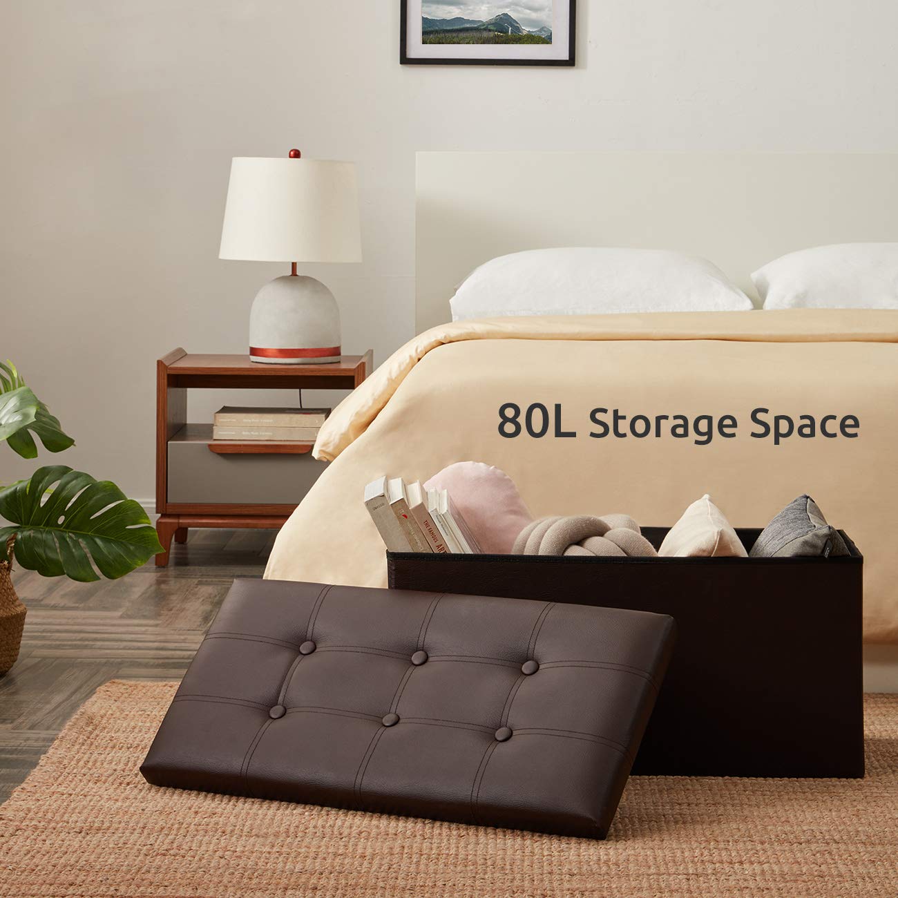 YOUDENOVA 30 inches Folding Storage Ottoman, 85L Storage Ottoman Bench for Living Bedroom and Hallway, Faux Leather Brown Footrest with Foam Padded Seat, Support 350lbs