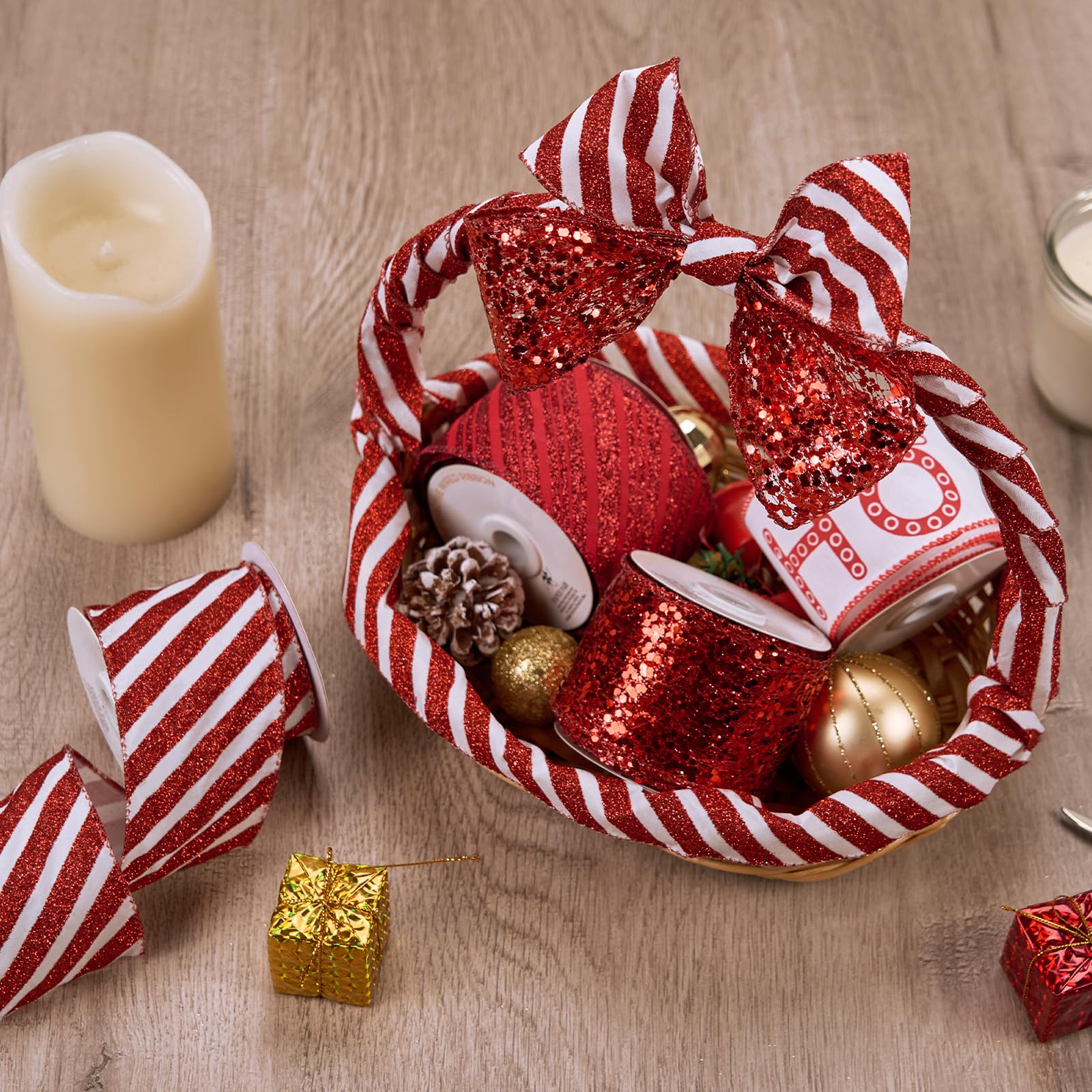 PAPER FAIR 4 Rolls 32 yd Red Glitter Candy Cane Christmas Wired Ribbon Set, 2.5 inch x 8yd Sequin Satin Burlap Ribbon for Xmas Tree Décor, Gift Wrap Box, Bow, Wreath, Garland, Floral DIY Craft