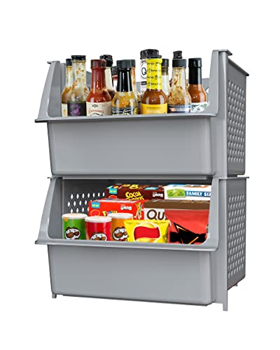 Skywin Plastic Stackable Storage Bins for Pantry - Stackable Bins For Organizing Food, Kitchen, and Bathroom Essentials (Grey, 2-Pack)