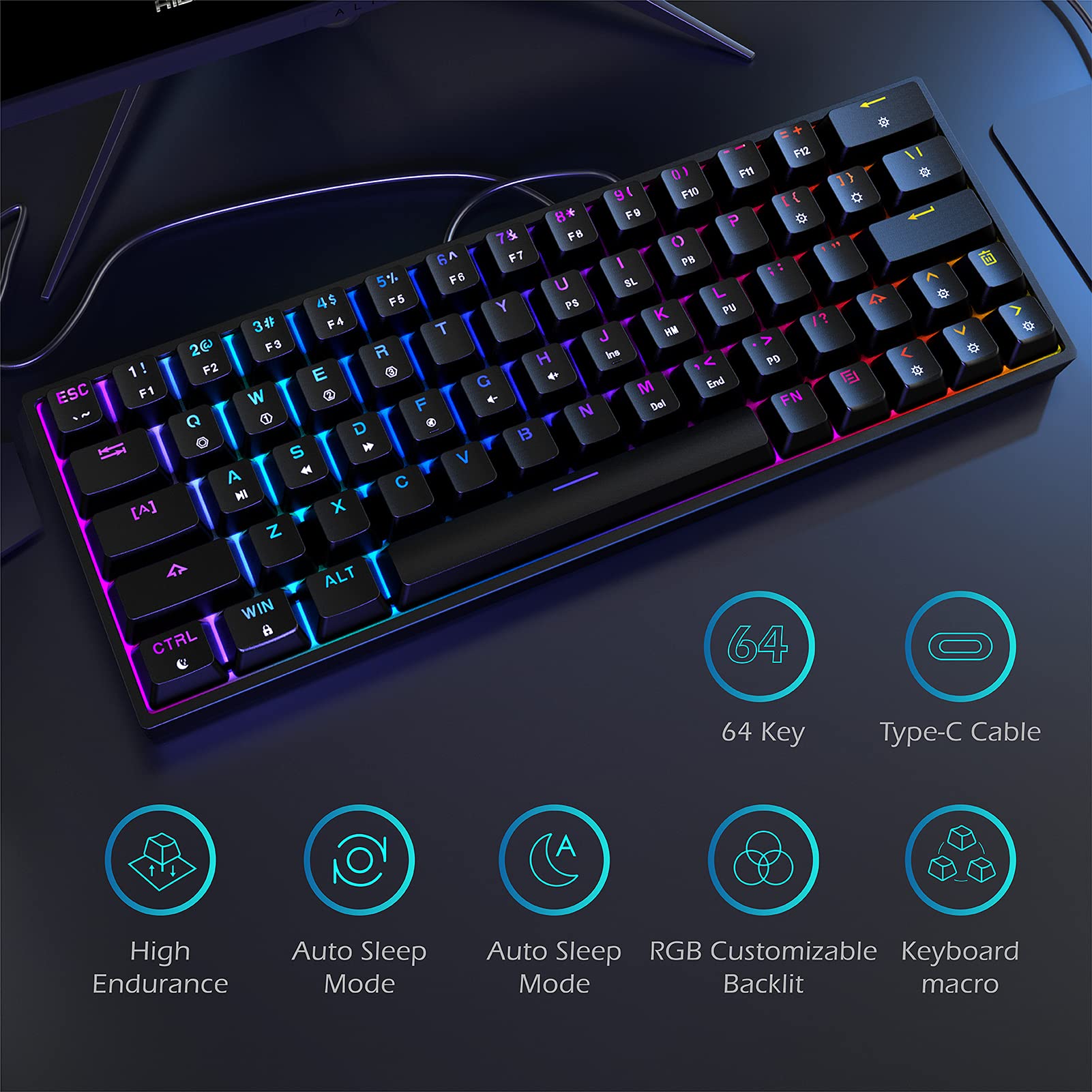 GIM KB-64 60% Mechanical Gaming Keyboard, 64 Keys RGB Backlit Hot Swappable Wired Keyboard with Full Keys Programmable (Gateron Optical Blue Switch)