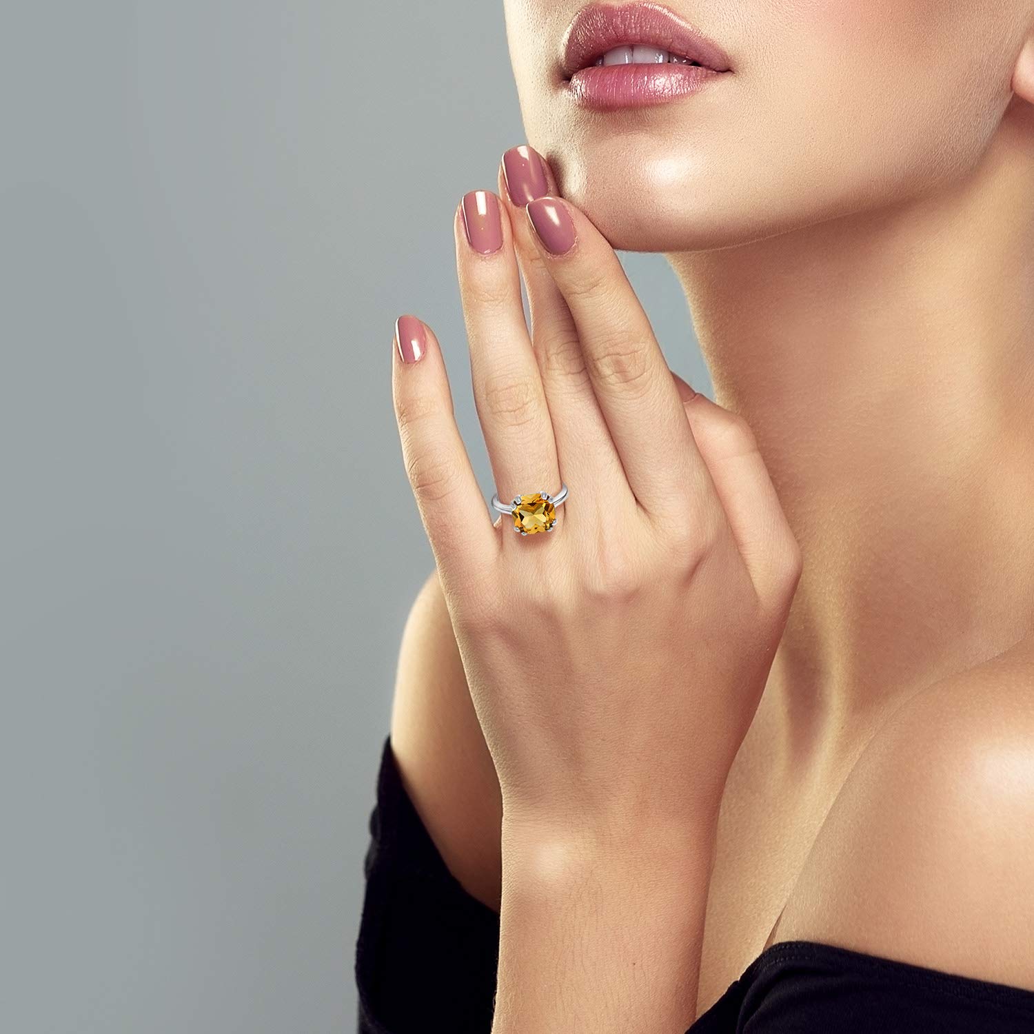 Gem Stone King 925 Sterling Silver Yellow Citrine Double Prong Ring For Women (3.22 Cttw, Cushion Cut 10MM, Gemstone Birthstone, Available In Size 5, 6, 7, 8, 9)