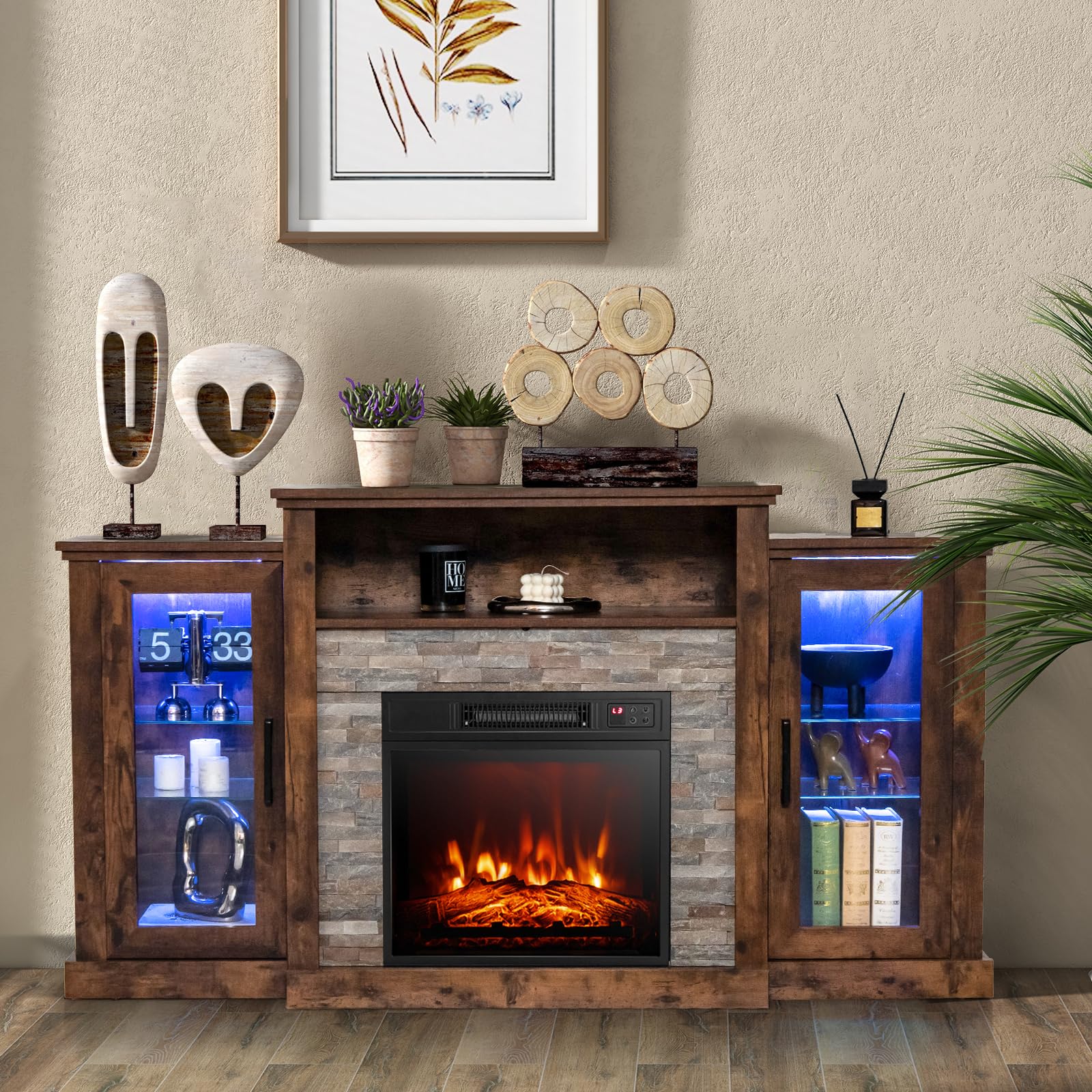 GOFLAME Fireplace TV Stand with LED Lights for TV up to 65β, Entertainment Center with 18β Electric Fireplace, Remote & APP Control, TV Console with Adjustable Glass Shelves (Brown)