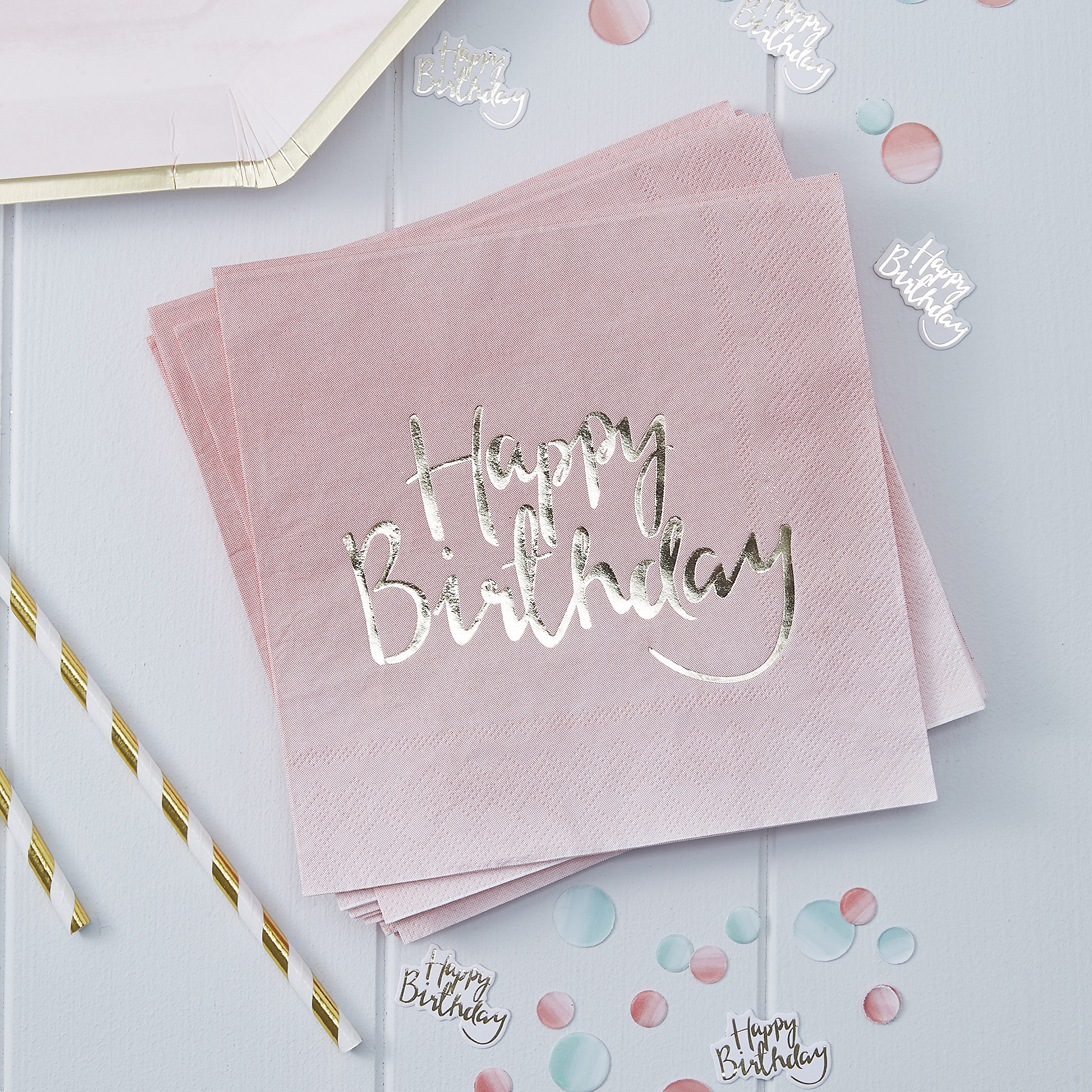 Ginger Ray Pink Ombre Happy Birthday Party Supplies Bundle | Paper Plates, Cups and Napkins