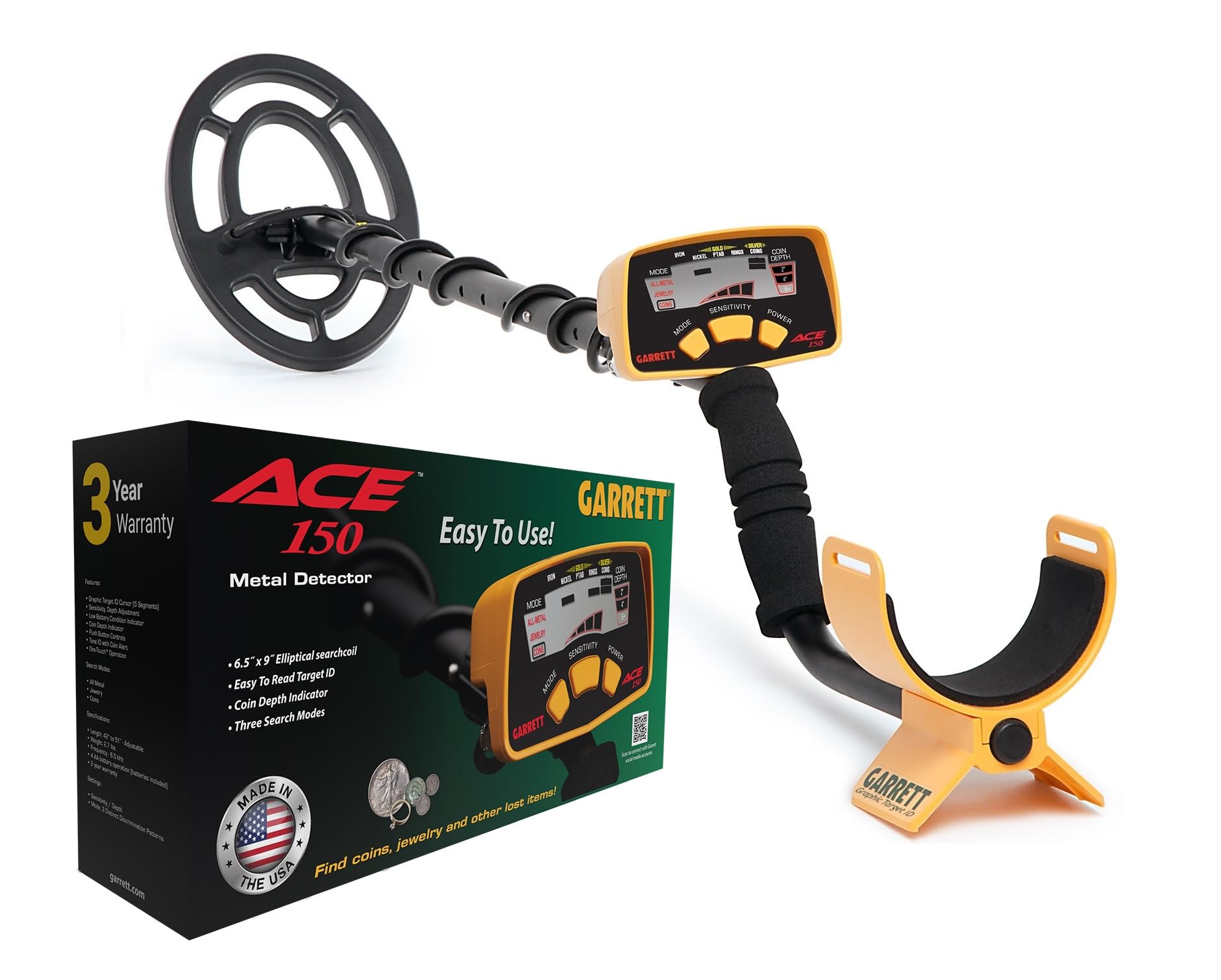 Garrett ACE 150 Metal Detector for Adults and Kids, Made in USA, Waterproof Search Coil
