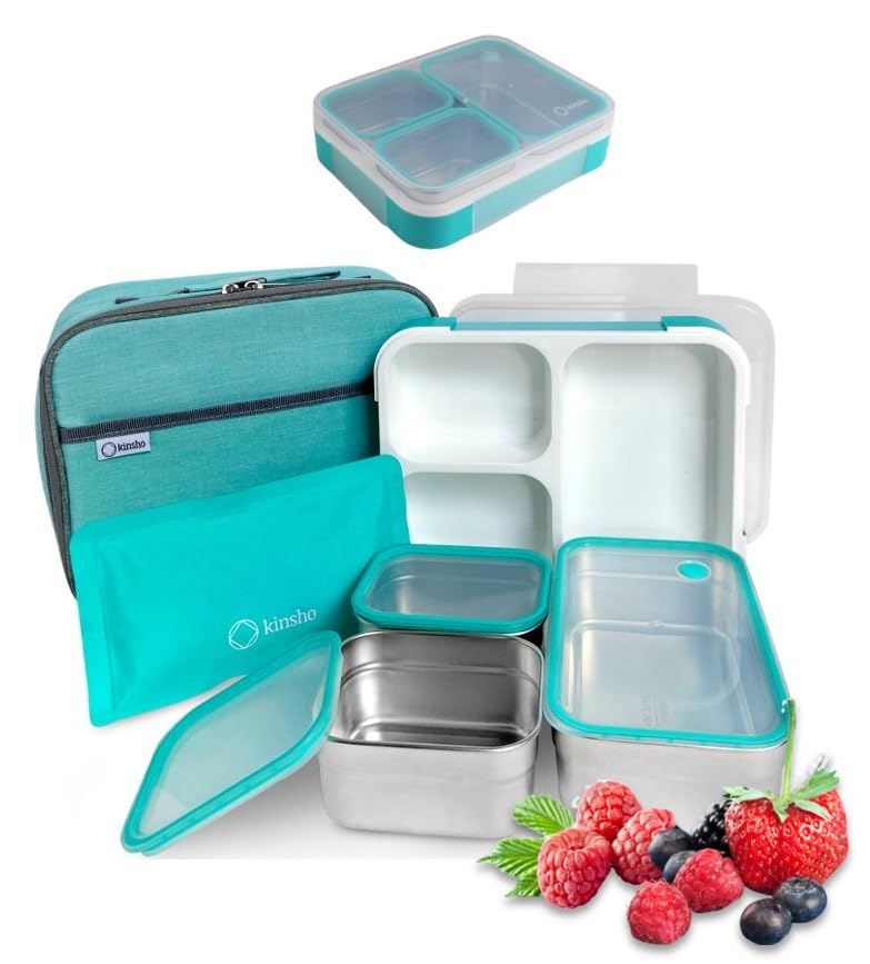 Stainless Steel Bento Lunch Box for Adults Kids with Insulated Bag and Ice Pack, Set of 3 Large Leakproof Meal Prep Food Containers for Men or Women, Lunch-Boxes for Work or School, 42 oz Teal Blue