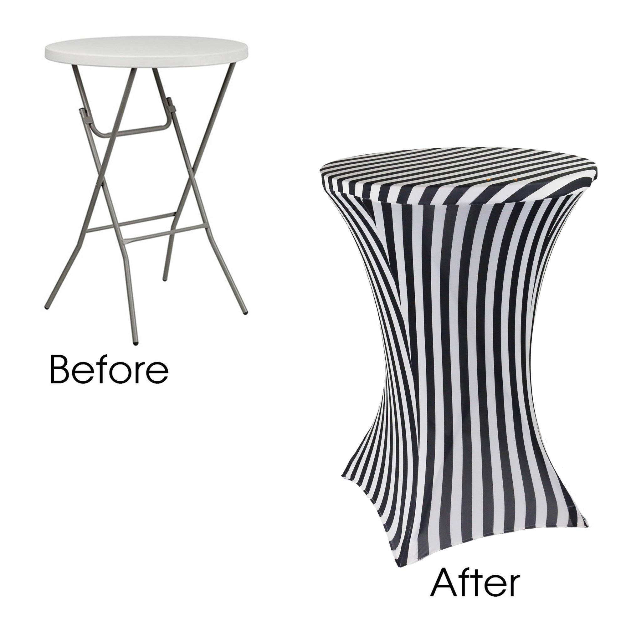 YOUR CHAIR COVERS - 30" D x 42" H Highboy Cocktail Round Stretch Spandex Table Cover - Black and White Striped, Fitted Elastic Tablecloth for Round Tables, Outdoor Party DJ Tradeshow Vendor Wedding