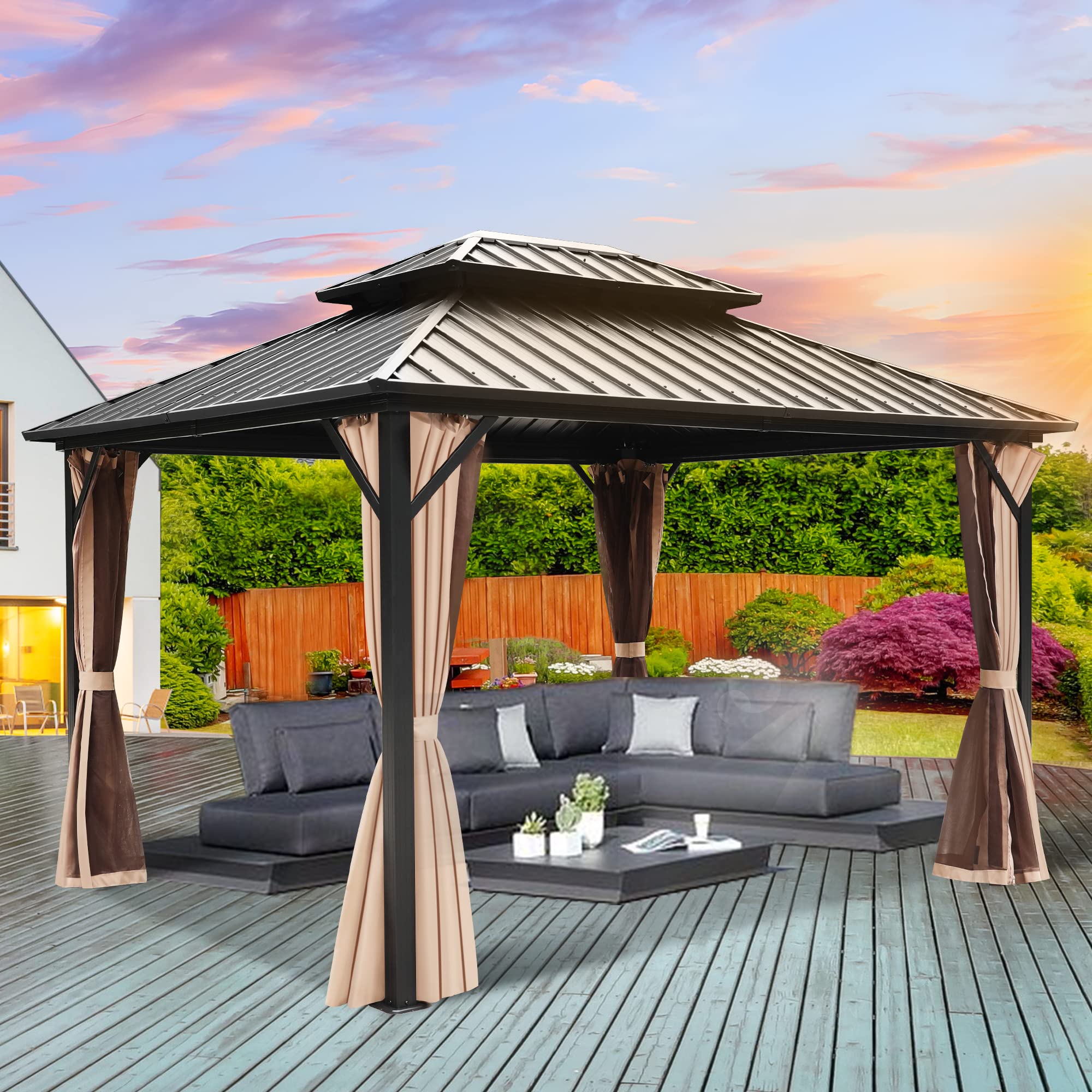Funny Sunny 10x12ft Hardtop Gazebo, Heavy Duty Double Top Galvanized Iron Metal Pergola Roof, Aluminum Frame with Curtains & Netting, Outdoor Vertical Striped Panel Canopy for Patio Backyard Garden