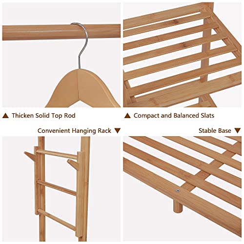 Ufine Bamboo Garment Rack 6 Tier Storage Shelves Clothes Hanging Rack with Side Hooks, Heavy Duty Clothing Rack Portable Wardrobe Closet Organizer