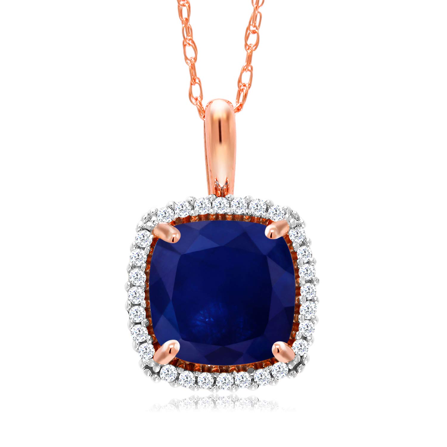 Gem Stone King 10K Rose Gold Gemstone Birthstone and White Diamond Halo Pendant Necklace | Cushion Cut 7MM | Rose Gold Necklace for Women | with 18 Inch Chain