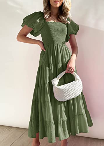 ZESICA Women's 2023 Summer Square Neck Short Puff Sleeve Solid Color High Waist Casual Smocked Flowy A Line Tiered Midi Dress,ArmyGreen,Small