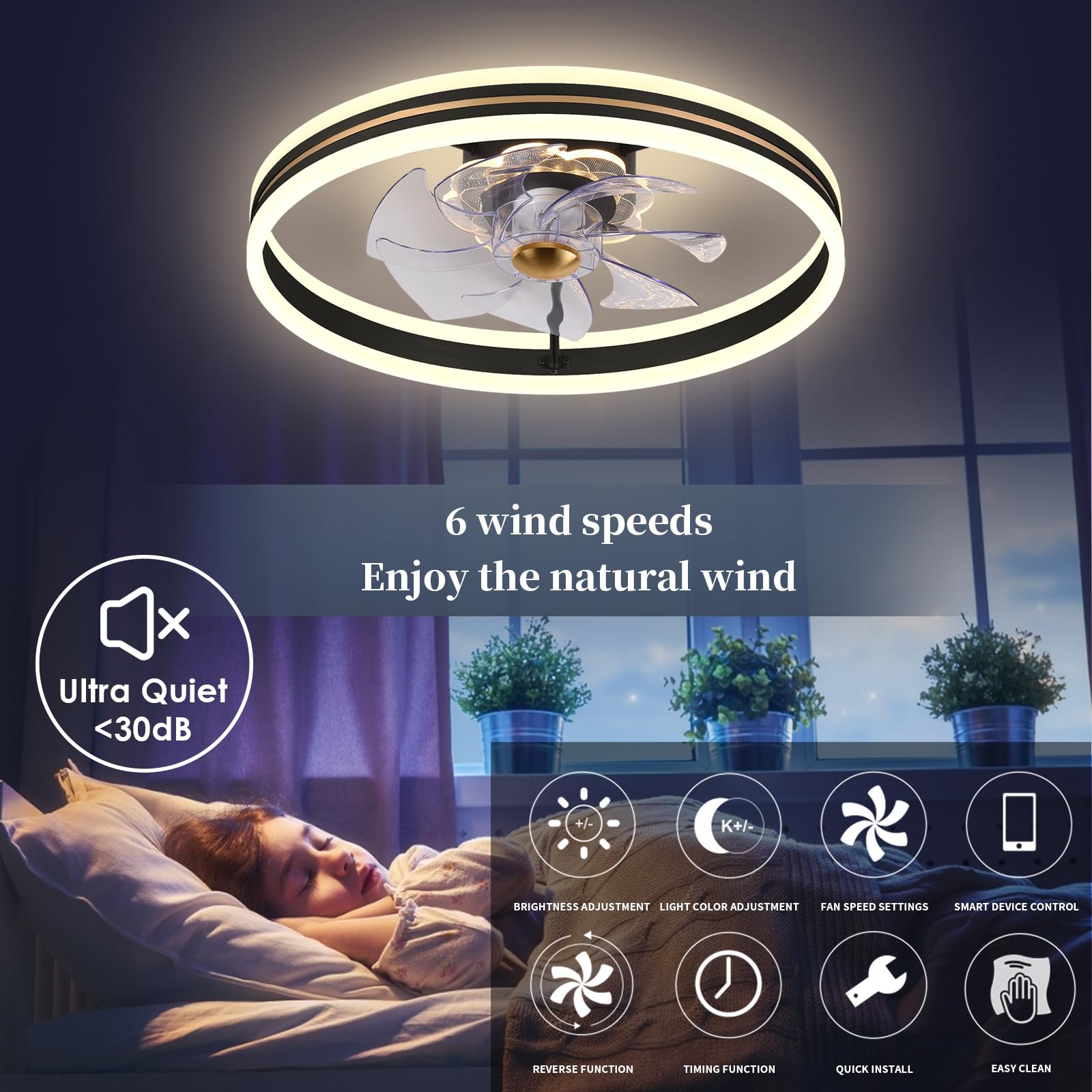 Fszdorj 2023 Upgraded 20ββ Smart Ceiling Fan with Light, Low Profile Fan, Flush Mount Ceiling Fan, 6 Speeds, Dimmable LED, App & Remote Control, Quiet DC Motor, For Bedroom, Living Room, F105 Black