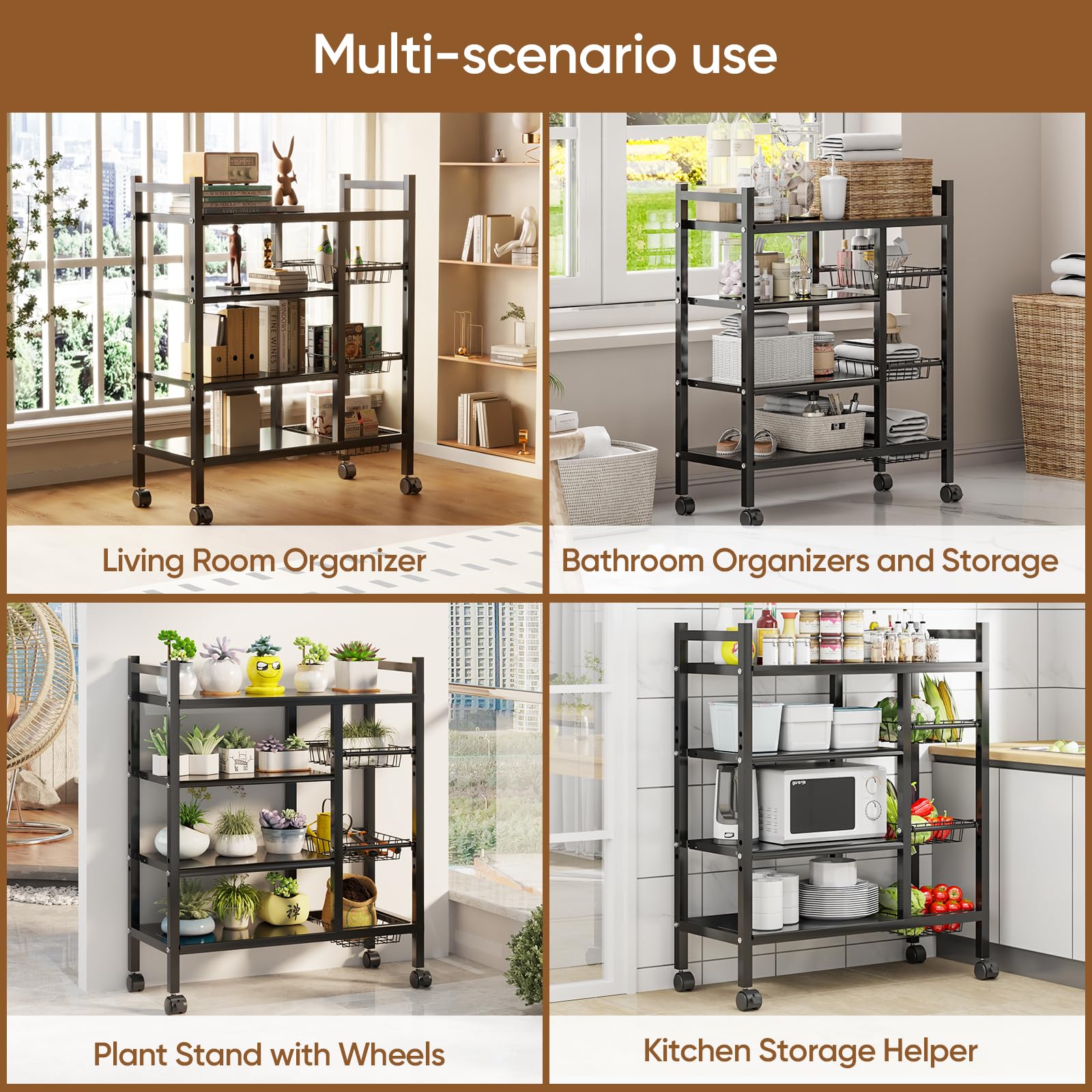 VZONE Storage Shelves, Adjustable 4-Tier Kitchen Organizers and Storage with 4 Wire Baskets, Metal Shelf Rack with Wheels for Kitchen, Pantry, Bathroom, Garage – Ideal for Kitchen Shelves