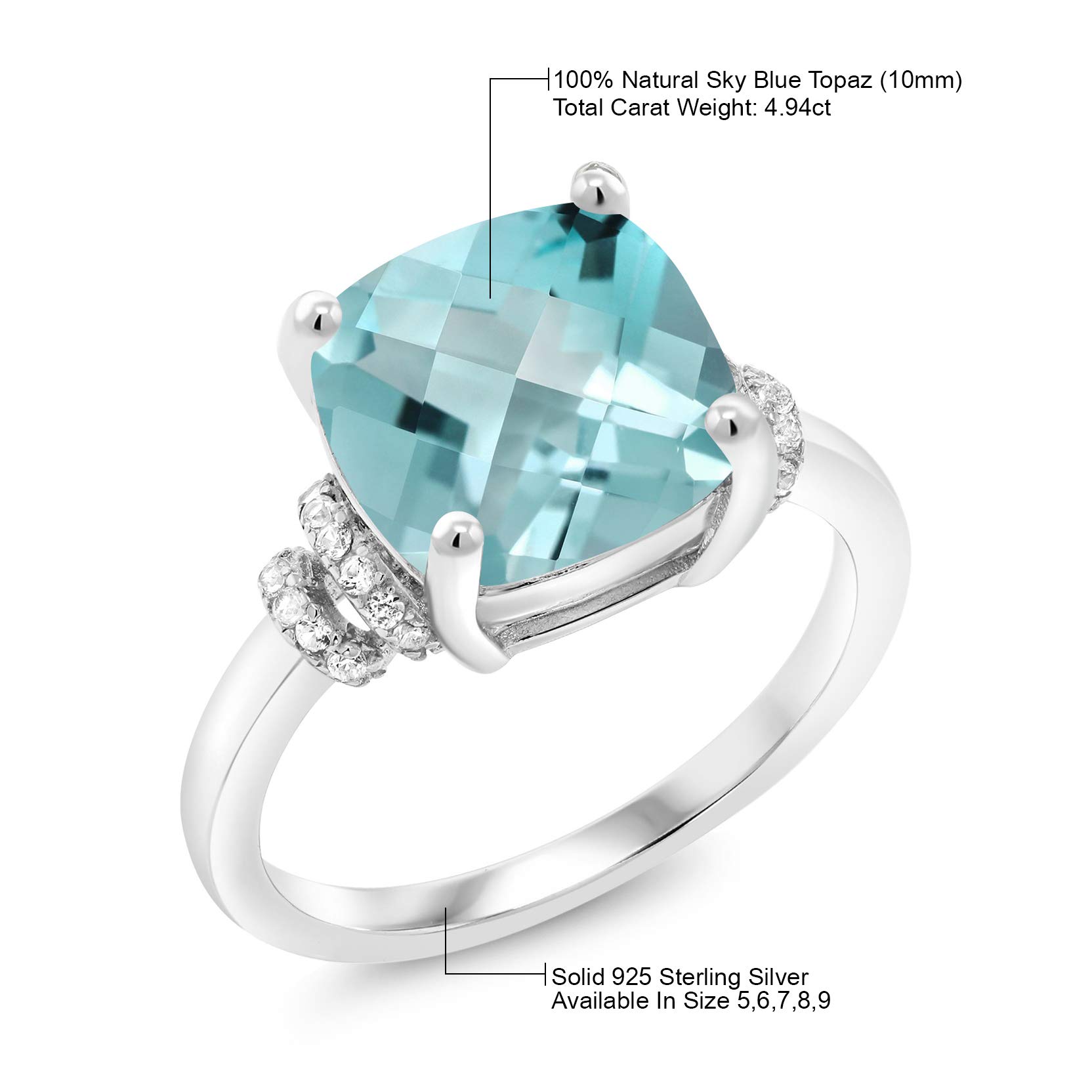 Gem Stone King 925 Sterling Silver Sky Blue Topaz Ring For Women (4.94 Cttw, Cushion Checkerboard 10MM, Gemstone Birthstone, Available in size 5, 6, 7, 8, 9)