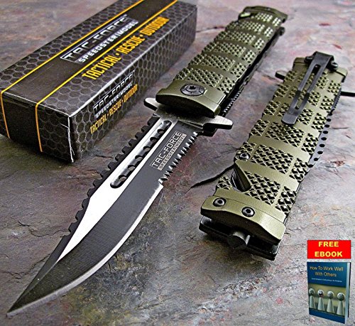 Pocket Knife Folding Tactical Rescue Knife Spring Assisted Open TAC FORCE GREEN Sawback Bowie TF-710GN + free eBook by Only US