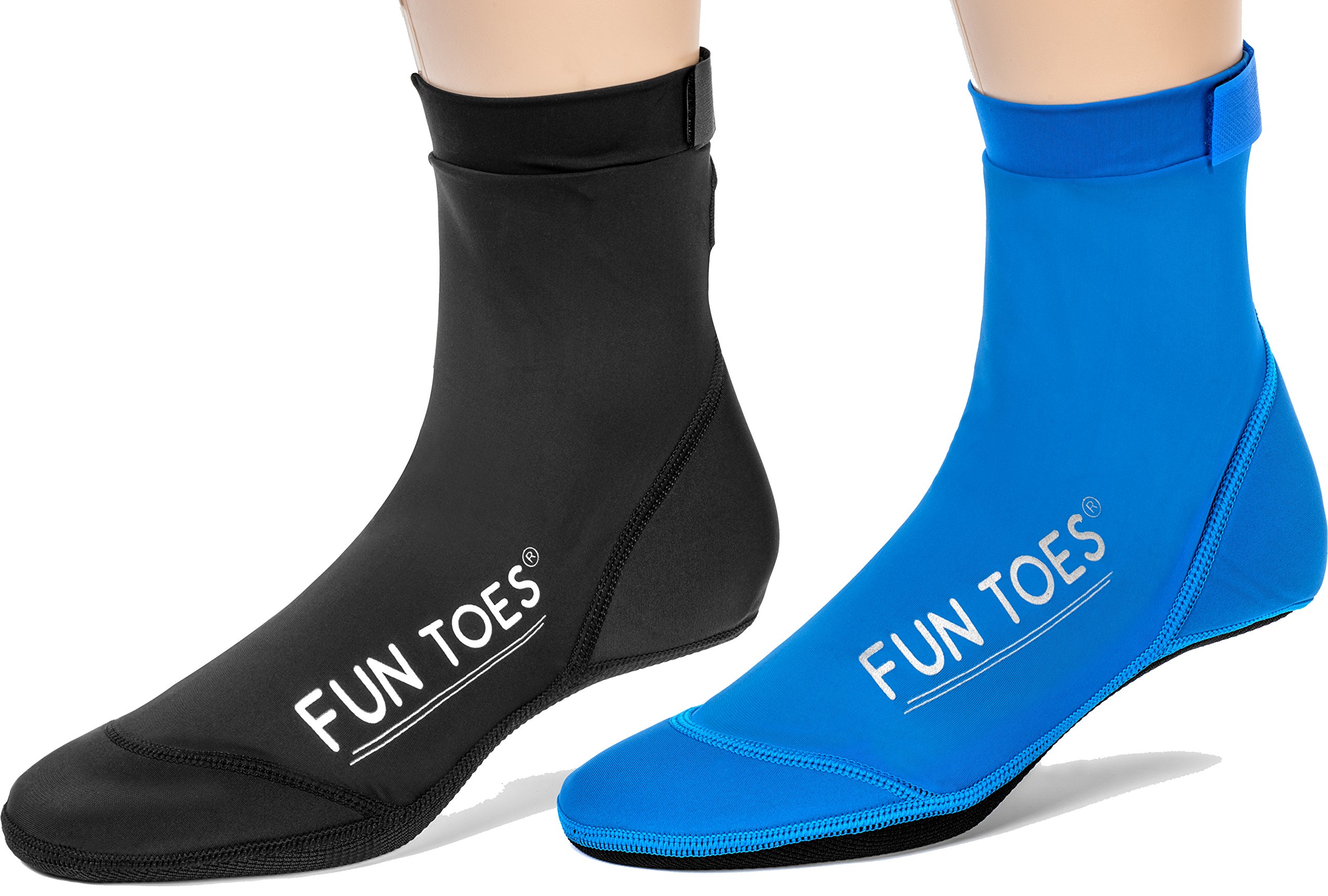 FUN TOES 2 Pairs Beach Socks for Volleyball Soccer, Camping, Rafting, Diving and all sand sports (US, Alpha, X-Large, Regular, Regular, Black-Blue)
