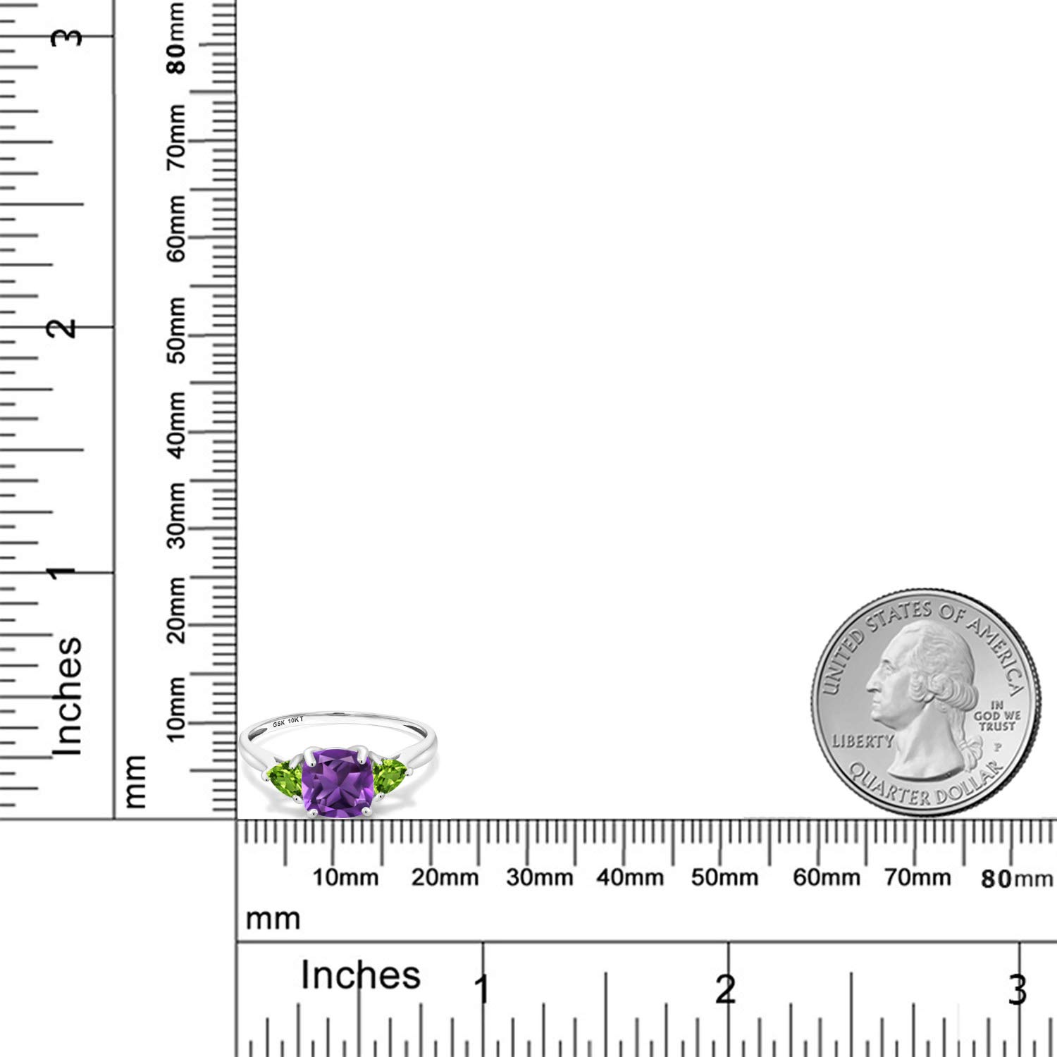 Gem Stone King 10K White Gold Purple Amethyst and Green Peridot 3-Stone Engagement Ring For Women (1.92 Cttw, 7MM Cushion and 4MM Trillion, Available In Size 5, 6, 7, 8, 9)