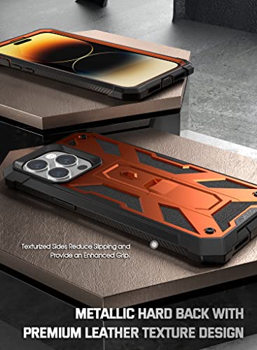 Poetic Compatible with iPhone 14 Pro Max Case, Spartan Phone Case for iPhone 14 Pro Max, Full Body Leather Texture Shockproof Protective Cover with Screen Protector and Kickstand, Metallic Orange