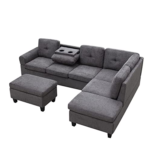 UBGO Furniture Sets,Living Room Sectional Sofa,L Shaped Storage Ottoman, Upholstered Sofá with 2 Cup Holder,Couch Longue for Indoor Home Apartment Office, Grey Left Chaise