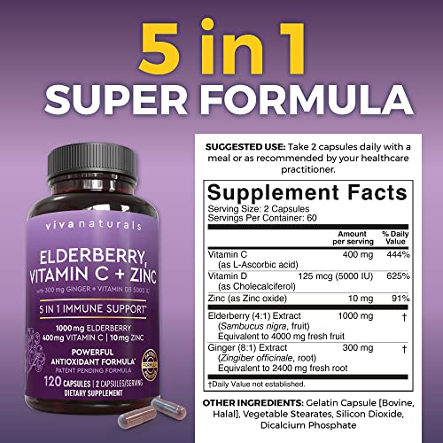 Viva Naturals Sambucus Elderberry with Zinc and Vitamin C for Adults, Vitamin D3 5000 IU and Ginger - Immune Support Supplement, 2 Months’ Supply - Black Dried Elderberry Capsules for Adults