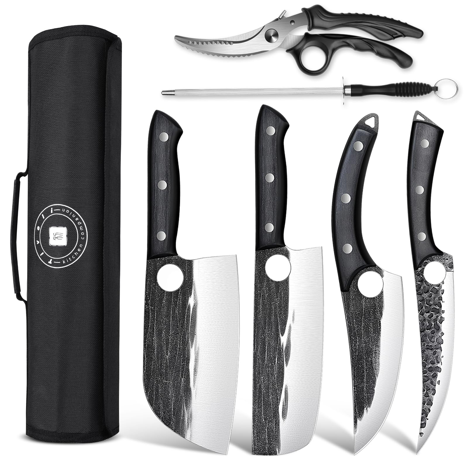 TIVOLI Professional Butcher Knife Set for Meat Processing, 7Pcs High Carbon Steel Hand Forged BBQ Knife Set, Serbian Chef Knife Set with Ergonomic Handles for Kitchen Outdoor Cooking Father's Day Gift