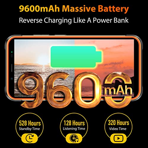 Ulefone Rugged Smartphone, Power Armor 16 Pro 122dB Loud Speaker, IP68/IP69K, 9600mAh, Octa-core Android 12 4GB + 64GB, 16MP Dual Camera, Built-in Glare Flashlight, Fingerprint ID, NFC Orange