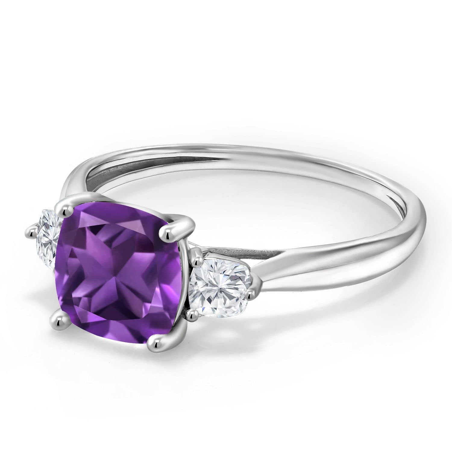 Gem Stone King 1.66 Cttw 10K White Gold Purple Amethyst and White Moissanite 3-Stone Engagement Ring | 3 Stone Wedding Anniversary Promise Ring For Women | Size 5,6,7,8,9