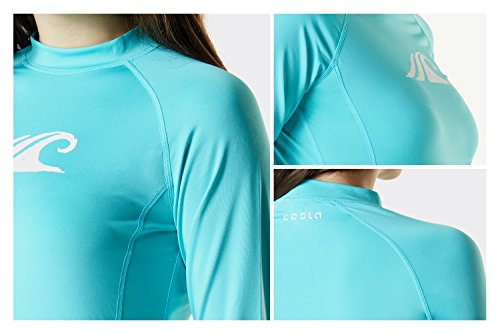 TSLA Women's Long Sleeve Rash Guard, UPF 50+ Water Beach Surf Swim Shirts, UV/Sun Protection Swim Top, Coastal Tide Print Aqua, Small