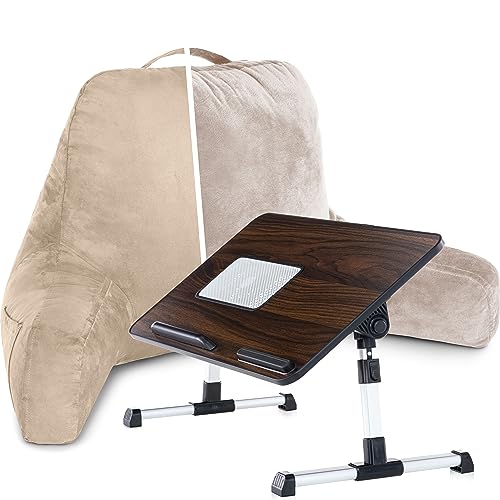 Husband Pillow Combo - Backrest Pillow with Arms : Standard Cowboy Taupe & Lap Desk Bed Tray : XXL Brown - Aspen Memory Foam Reading Pillows for Bed & Laptop Bed Tray Table