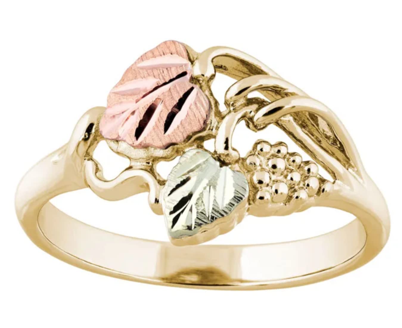 Heart Leaf Grape Cluster Ring, 10k Yellow Gold, 12k Green and Rose Gold Black Hills Gold Motif, Size 9.5