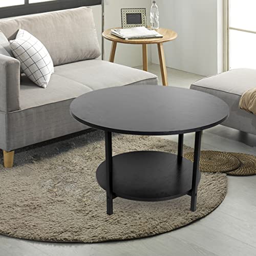 TOYSINTHEBOX Round Coffee Tables, Accent Table Sofa Table Tea Table with Storage 2-Tier for Living Room, Office Desk, Balcony, Wood Desktop and Metal Legs, Black 27.6 Inches