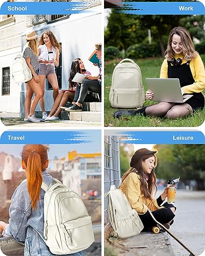 Small Backpack For School Girls Boys Aesthetic Lightweight Travel Daypack Simple Cute Backpack For Women Men Waterproof College High School Bookbag Fit 14 Inch Laptop With USB charging port,Beige