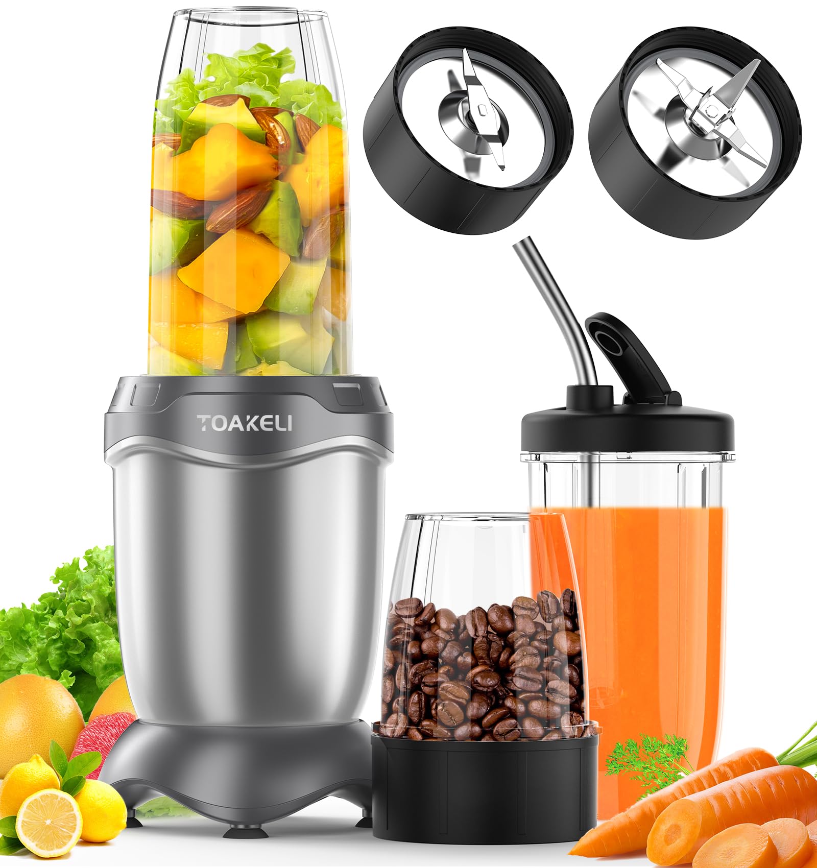 TOAKELI Smoothie Blender, 850 W Compact Personal Blender, Juice Blender Set Frozen Drinks, Shake, Sauces & More, 2 * 20 Oz To-Go Cups, 2*Spout-Lids, Silver