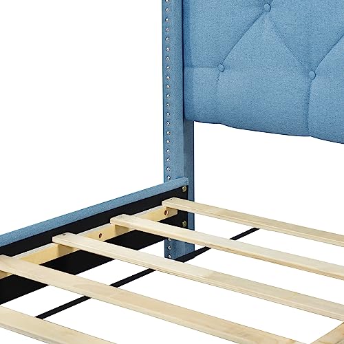 Queen Platform Bed with Headboard,Upholstered Linen Wood Bed Frame with Two Storage Drawers for Kids Girls Boys Teens Adults, No Box Spring Needed(Blue)
