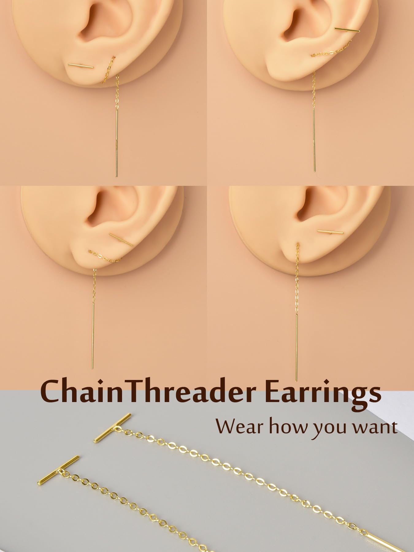 Gold Bar Threader Earrings Silver Simple Long Chain Dangling Drop Minimalist Tassel Double Piercings Pull Through Earrings