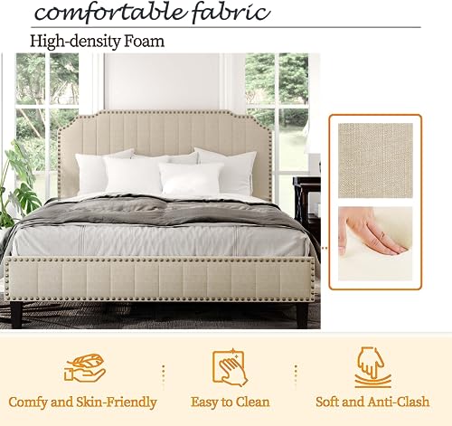 Queen Size Linen Upholstered Platform Bed Frame with Soft Nailhead Headboard and Wooden Slats Support, No Box Spring Needed for Boys Girls Teens Adults, Noise-Free, Under Bed Storage (Queen)