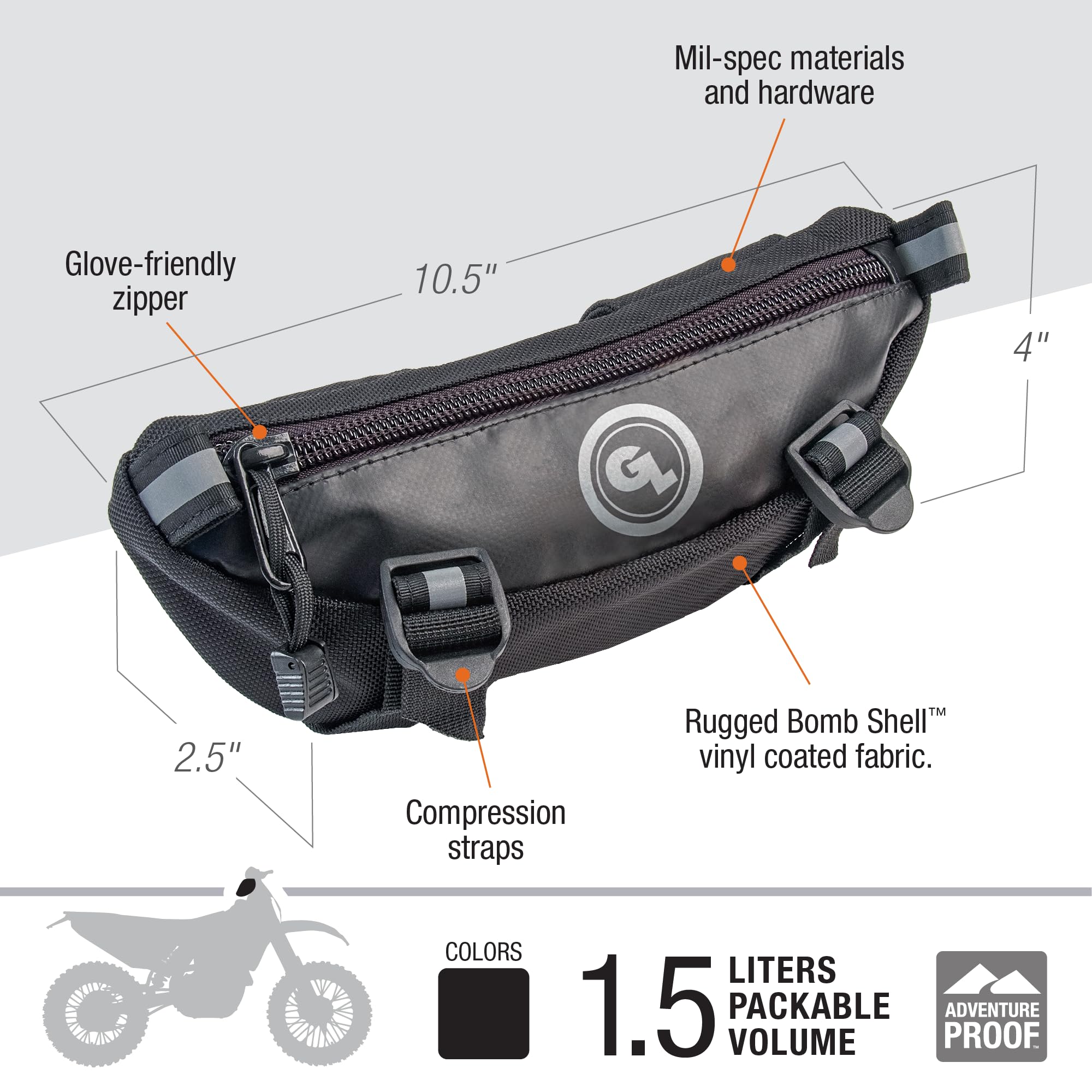 Giant Loop Zigzag Handlebar Bag, 1.5 Liter Black Windshield Pouch, Fits Any Motorbike, Dirt Bike & Snow Bike