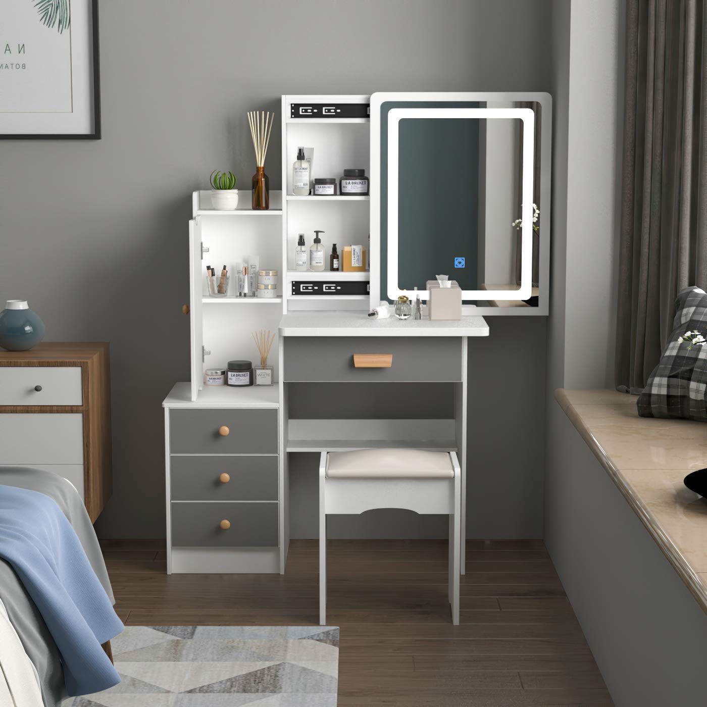 FUFU&GAGA Large Vanity Set Makeup Vanity Dressing Table with Sliding Lighted Mirror, 5 Drawers & Shelves, Dresser Desk and Cushioned Stool Set (Black)
