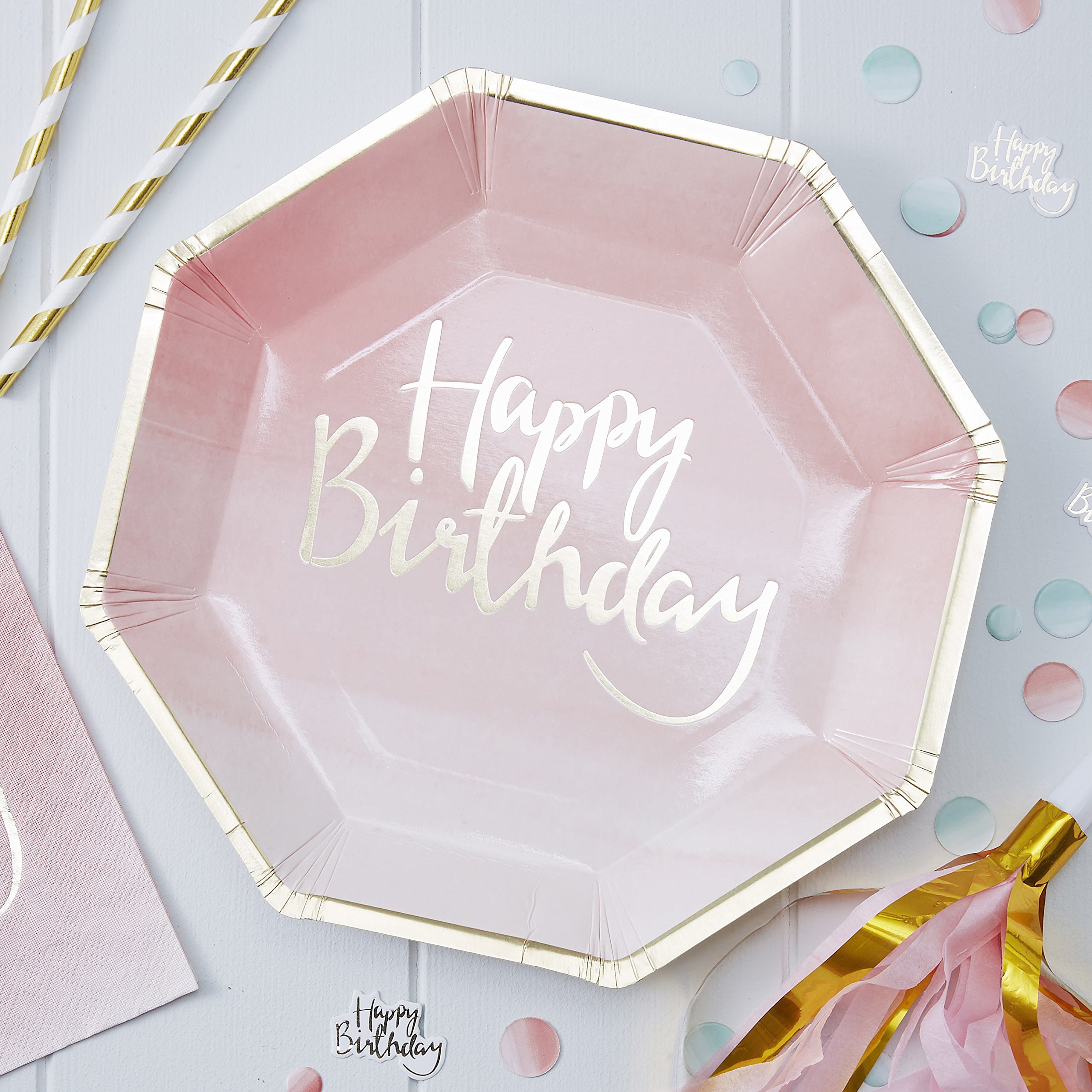 Ginger Ray Pink Ombre Happy Birthday Party Supplies Bundle | Paper Plates, Cups and Napkins