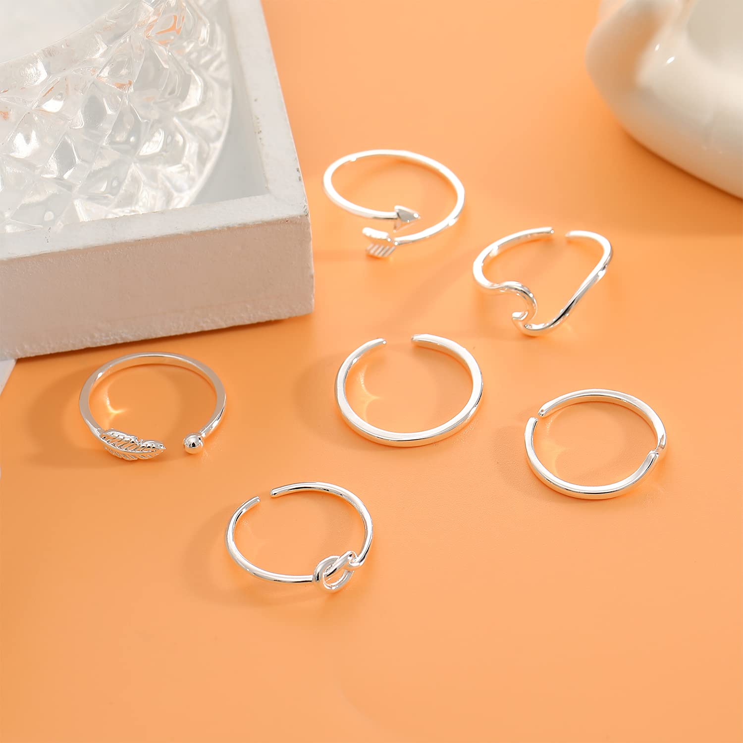 FUNEIA 6PCS Arrow Knot Wave Rings for Women 14K Gold Plated Adjustable Stackable Thumb Open Rings Set