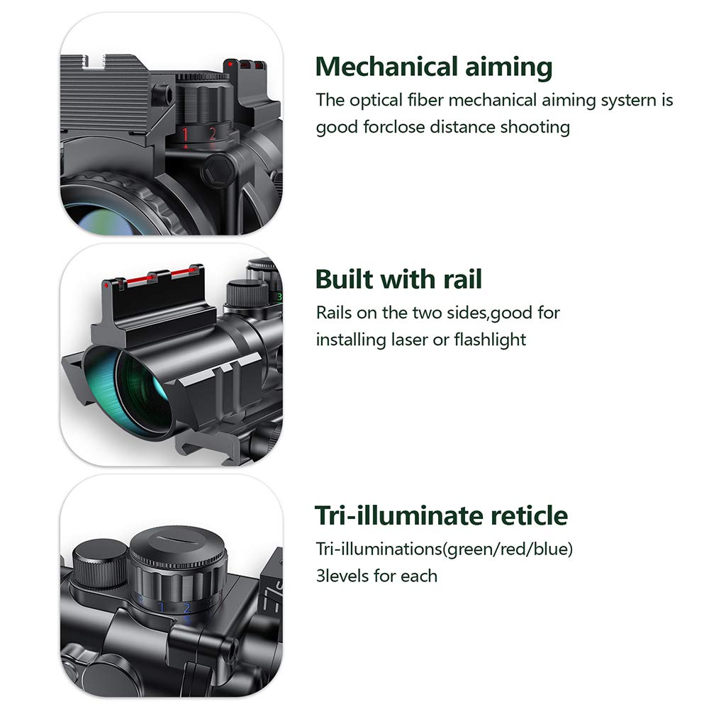 HIMIFOY Rifle Scope 4x32 Red & Green &Blue Illuminated Reticle Scope with Top Fiber Optic Sight