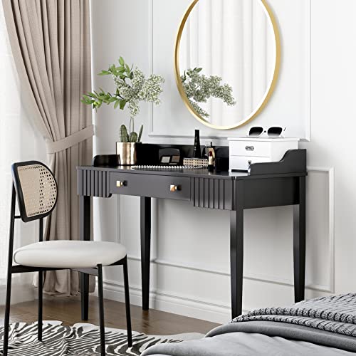 ukorua White Vanity Desk Wooden Desk with Drawer Modern Desk Computer Desk White Makeup Table with Gold Handle (Black)