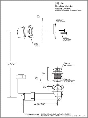 Westbrass Y593144-12-12 14" Black Tubular Bath Waste & Overflow Assembly with Tip-Toe Drain Plug and Two-Hole Faceplate, Oil Rubbed Bronze, 1 Pack