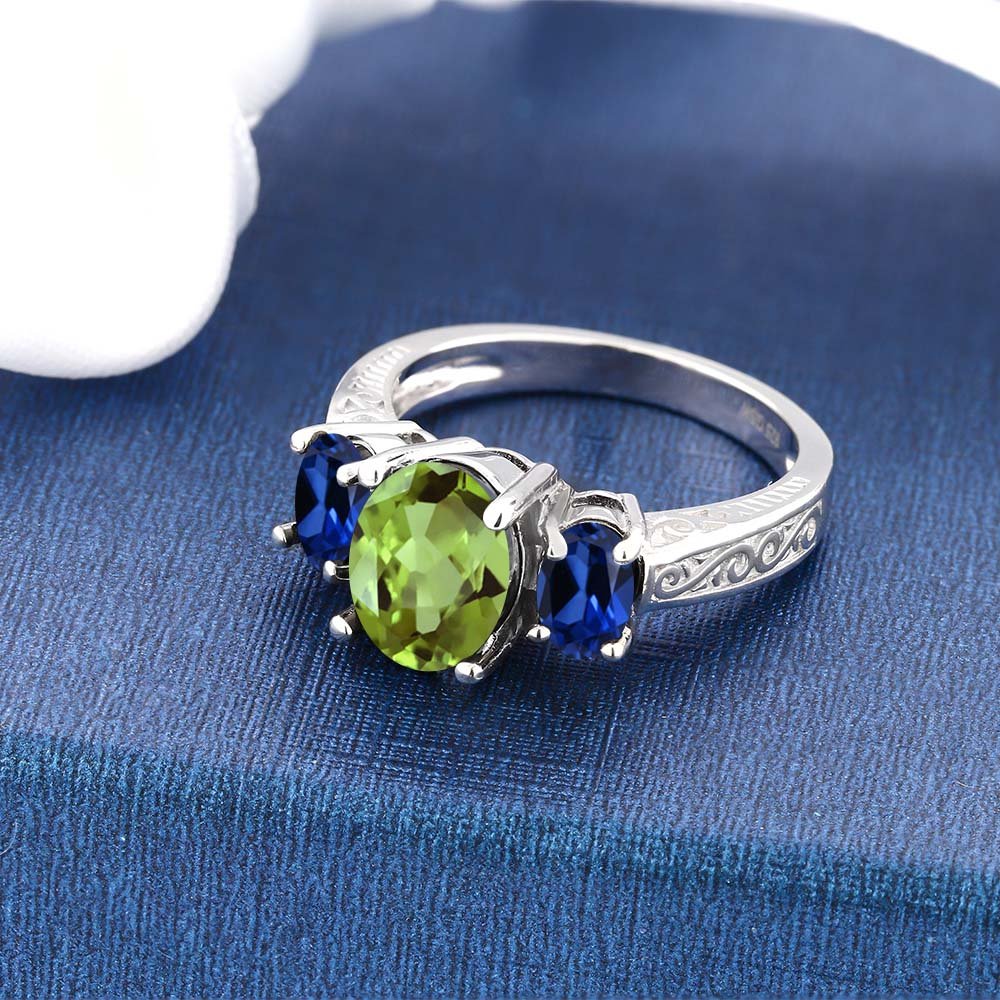 Gem Stone King 925 Sterling Silver Green Peridot and Blue Created Sapphire 3 Stone Ring For Women (2.71 Cttw, Gemstone Birthstone, Available In Size 5, 6, 7, 8, 9)