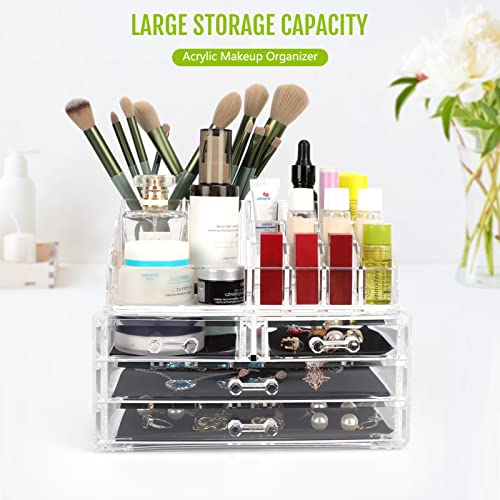 Unaone Clear Cosmetic Storage Organizer, Acrylic Makeup Organizer for Vanity Makeup Storage Organizer Display Cases, Lipstick Holder Organizer Stackable Cosmetic Organizer with 4 Drawers