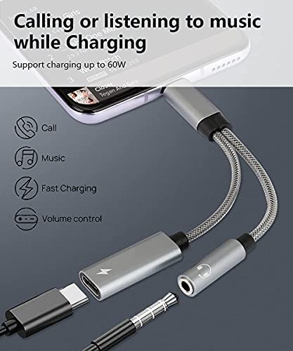 Samsung Galaxy S23 Headphone Adapter, USB C to AUX Mic Jack with PD 60W Fast Charging for Stereo, Earphones, Compatible with iPhone 15/15Pro/15Pro Max, Samsung Galaxy S23/S22/S21, Google Pixel 7/6