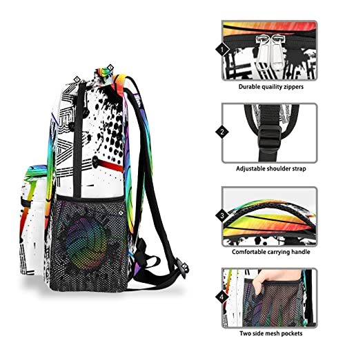 Volleyball Print Backpack, Sport Ball Black Backpacks Shoulder Bag Casual Lightweight Travel Laptop Daypack Bag for Women Men